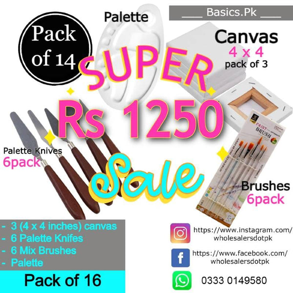 Art Pack of 16 - 3 (4x4") Canvas + 6 Pack brushes + Palette + Palette ...
